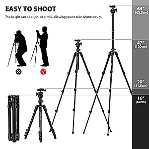 PHOPIK 64" Camera Tripod, Aluminum Camera Tripod for DSLR,Compact Tripod with 360° Panorama Ball Head, Professional Camera Tripod for Travelling, Learning and Working