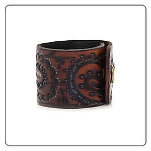 Fusamk Punk Rock Print Pattern Wristband Wide Leather Cuff Bracelet(Brown Leather)