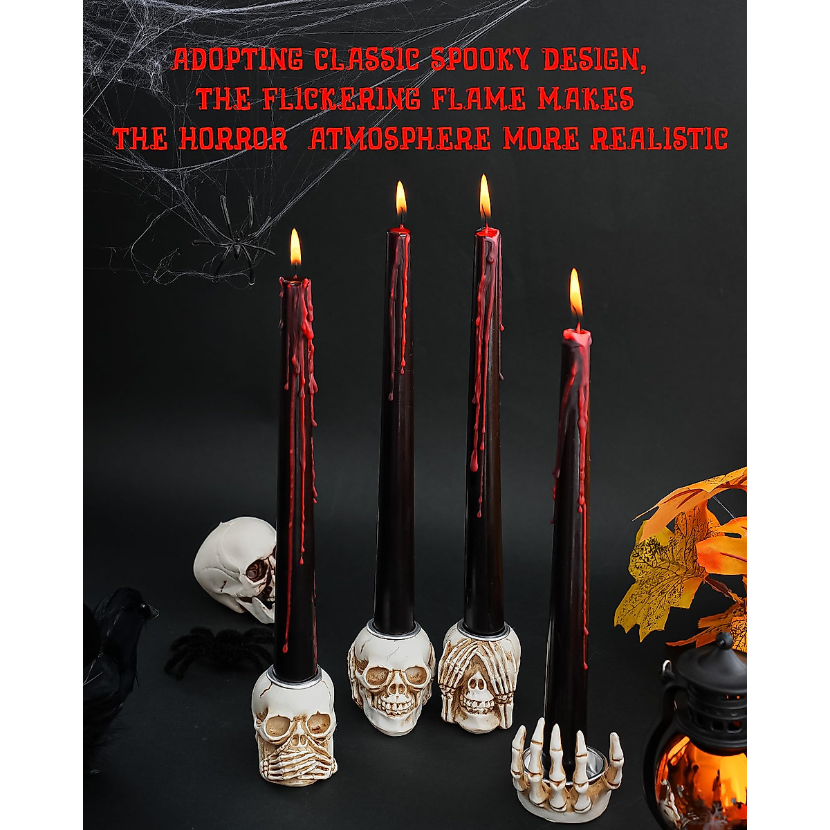 Viyffo Vampire Tears Taper Candles 10 Inch Set of 4 Unscented, Smokeless Long Tall Black Tapered Candle Sticks for Home, Spooky Decor Gothic