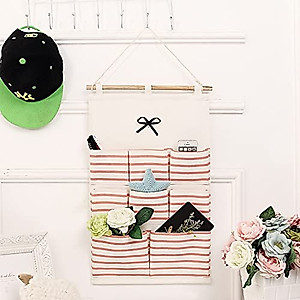 Halyuhn 23 x 14 Inch 8 Pockets Wall Hanging Storage Bag, White Red Striated Waterproof Linen Fabric Organizer with Self Adhesive Hook Wood Bar, Narrow 3-Shelf Over The Door Closet Pockets Chart