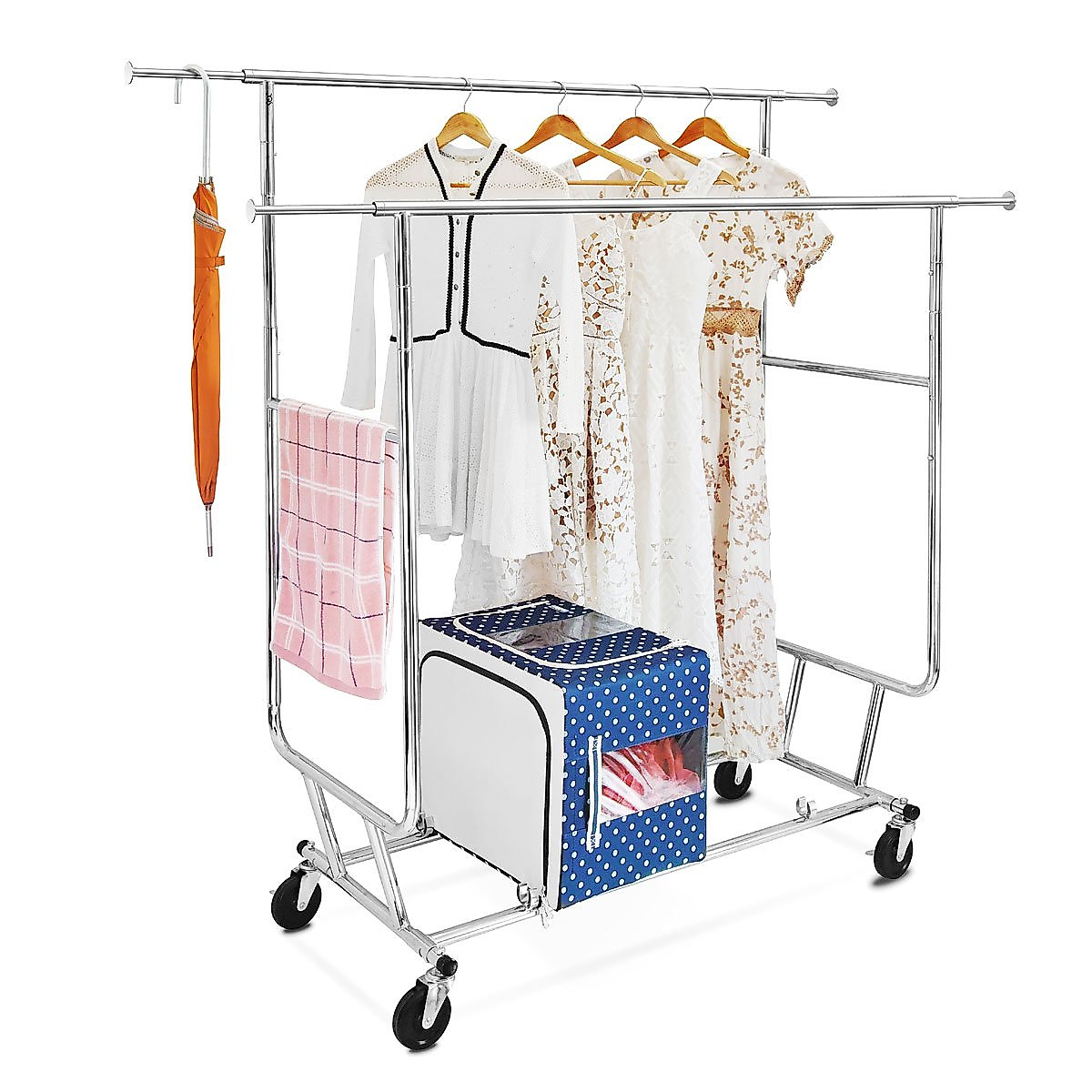 Double Rail Garment Rack with Adjustable Extendable Rails, Chrome Finish Collapsible Clothing Rack, Commercial Grade Clothes Drying Rack, Rolling Racks with Wheels