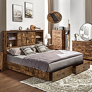 VanAcc Queen Size Bed Frame, Wooden Platform Storage Bed with 51.2" Bookcase Headboard, 2 Drawers, Charging Station/No Box Spring Needed/Noise Free(Rustic Brown)