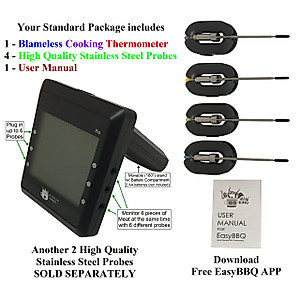 Best Digital Meat Thermometer, Max 6-Probe Smart Bluetooth Wireless Remote Thermometer 300 Feet Away w/Phone APP Alarm/Timer, 4 Stainless Steel Probes for Kitchen Oven, BBQ Grill, Smoker