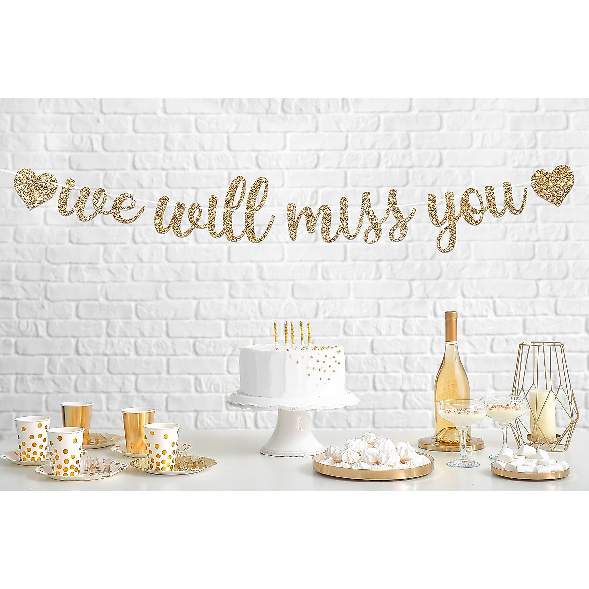 Pre-Strung We Will Miss You Banner - NO DIY - Gold Glitter Going Away, Retirement Banner in Script - Pre-Strung on 8 ft Strand - Farewell Graduation Party Decorations for Men & Women. Did we mention