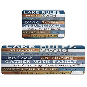 Possta Decor Lake Rules Kitchen Mat Set of 2, Farm Vintage Wooden Anti-Fatigue Non-Skid Rugs,Summer Ocean Theme Area Runner Durable Floor Mats Set for House Sink