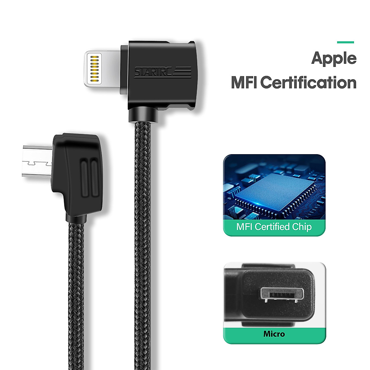 STARTRC 11.8inch and 3.9inch Lightning Data Cable to Micro USB MFI Certified for DJI Neo/Mini 4K/Mini SE/Mavic Mini/Mavic 2 Pro&Zoom/Mavic Air Controller Accessories,Tablet Phone OTG Cables(2 Pack)