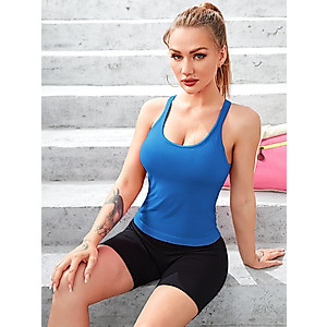 ATTRACO Workout Tops for Women with Built in Sports Bra Yoga Racerback Crop Top Blue S