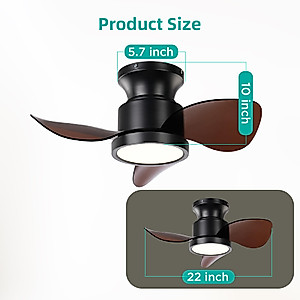 Roomratv Ceiling Fans with Lights 22 inch Quiet Ceiling Fan Large Airflow Remote Control 3 Color Temperature for Bedroom Kitchen Dining room Patio（Black）