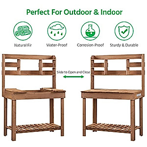 Yaheetech Potting Bench Table - Germination Table & Outdoor Garden Work Bench Platform w/Display Rack/Storage Shelf/Hanger/Thoughtful Sink - Brown