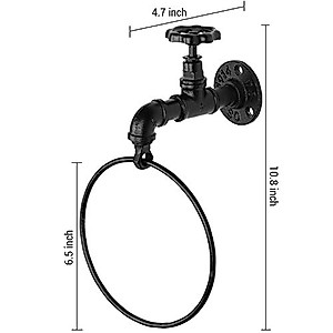 MyGift Industrial Faucet Pipe Metal Black Towel Ring, Wall Mounted Hand Towel Holder Hanging Rack