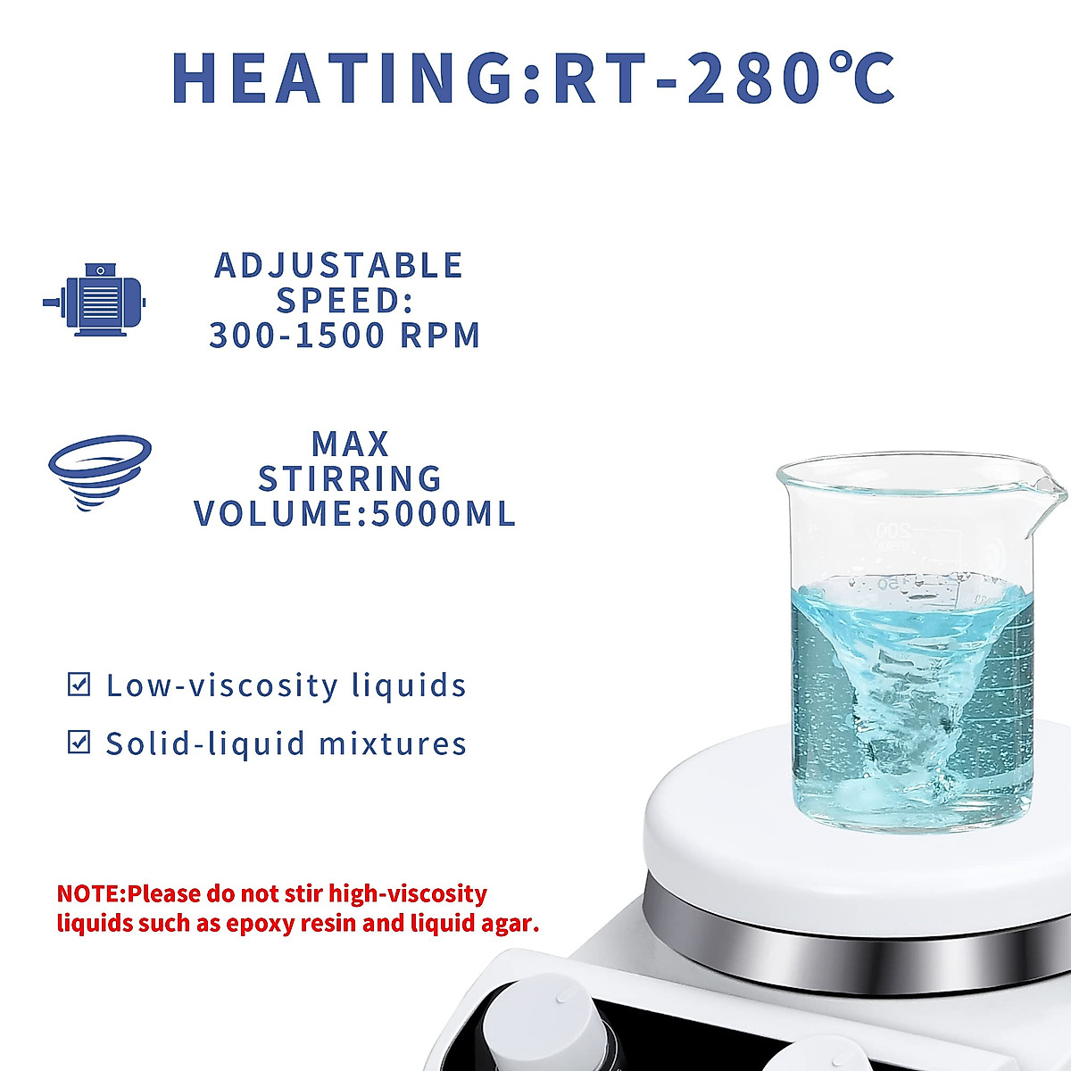 LACHOI Magnetic Stirrer Hot Plate Mixer 280℃ Hot Plate Magnetic Stir Plate 300-1500RPM 5000ml Stirring Capacity Magnetic Hotplate Stirrer with Stirring Bar Lab Stirrer(Heating)