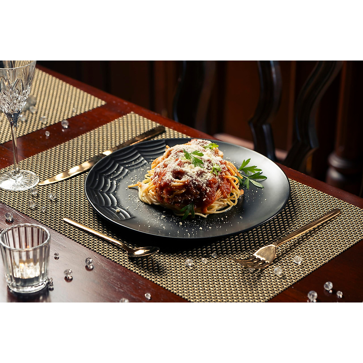 Nomnu Spiderweb Dinnerware Set (16 Pieces) - Gothic Kitchen Decor - Black Matte Porcelain Gothic Dinnerware Set: 4 Dinner Plates 4 Salad Plates 4 Bowls 4 Mugs - Spiderweb Decor Halloween Spooky Gifts