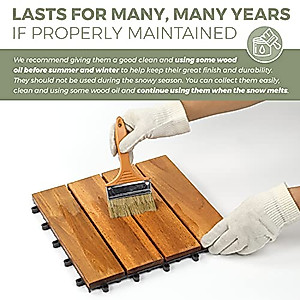 Wood Interlocking Flooring Tiles (Pack of 10, 12" x 12"), Solid Wood Acacia Deck Tiles Interlocking, Patio Tiles Outdoor Interlocking Waterproof All Weather (4 Slat, Natural Color)