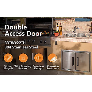 WAFIET Double BBQ Access Door, 33W x 22H Inch Outdoor Kitchen Doors 304 Stainless Steel Cabinets Double Grill Door for BBQ Island Grilling Station Outside Cabinet