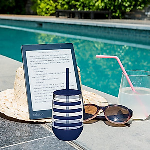 Needzo Reusable Outdoor Wine Glasses, Plastic Stemless Glass with Navy Stripes, Lid and Straw, Summer 2023 Cups for the Beach and Pool, Pack of 2