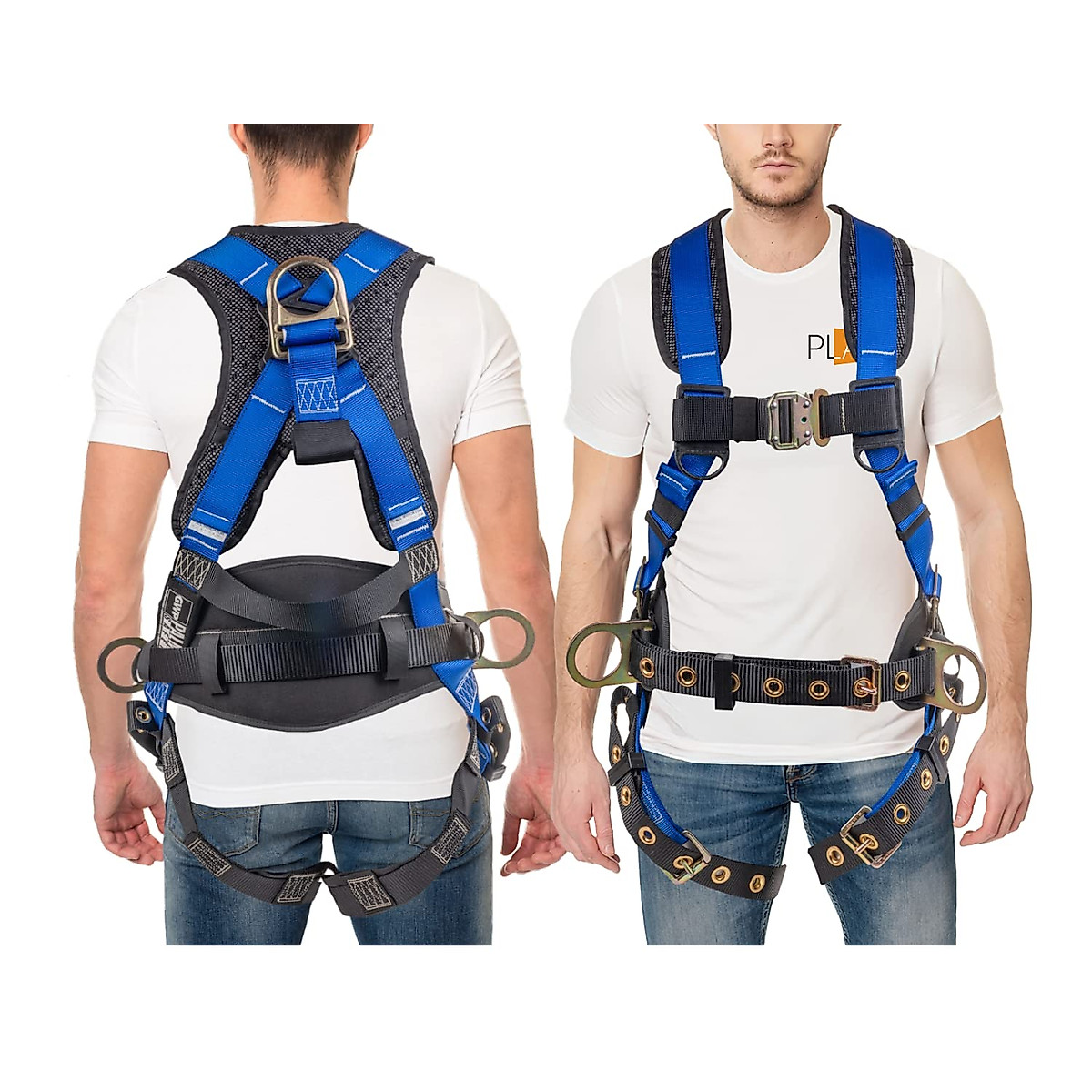 Palmer Safety Fall Protection Full Body 5 point Harness, Padded Back Support, Quick-Connect Buckle, Grommet Legs, Back&Side D-Rings, OSHA ANSI Industrial Roofing Tool Personal Equipment (Blue - LG)