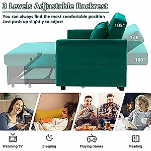 Gynsseh Convertible Sleeper Sofa Bed, 3 in 1 Pull Out Sofa Sleeper with Pillows and Side Storage Pocket, Soft Velvet Love Seat Lounge Sofa Bed for Living Room, Teal, from Twin to Full Size