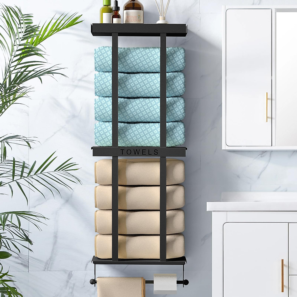 XWF Bathroom Towel Storage Rack，Wall Mounted Metal Bathroom Organizer,Wall Mounted Roll Towel Rack 30-Inch with Shelf for 6 Large Towels (Black)