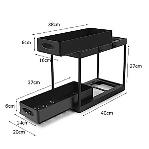 HOMTECH Double Sliding Cabinet Organizer Drawer-Under Sink Organizers & Storage-2 Tier Slide Out Cabinet Organizer- Storage Shelf for Bathroom & Kitchen- Accessory Included Hand Drying Ball, Black