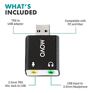 Movo USB-AC 3.5mm TRS Microphone to USB 2.0 Stereo Audio External Sound Card Adapter for PC and Mac. USB Sound Card Adapter for Computer or Laptop Convert USB Input to 3.5mm TRS Headphone or Mic Jack