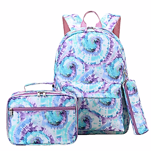 ZHIERNA School Backpack 3PCs Set With Lunch Bag, Tie Dye Bookbags with Pen Case For Teen Girls Kindergarten Elementary(Green)