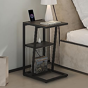 Heybly Side Table Set of 2, C Shaped Nightstand End Sofa Table with Charging Station for Small Spaces,Snack Couch Tables with Phone Holder, 2 USB Ports and Power Outlets HET001CB2
