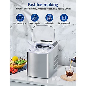 33Lbs/24H Ice Maker Countertop, 10 Ice Cube in 8 Mins, Smart Touch Control LED Panel, Time Reservation & Countdown, Self-Cleaning, 2 Sizes Ice Cube, Portable for Home Camping Party RV, Stainless Steel