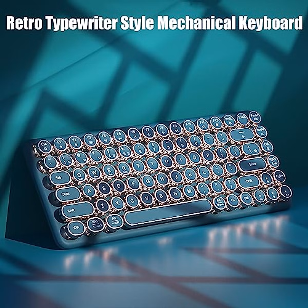 TISHLED Typewriter Keyboard Wireless 2.4GHz/Bluetooth/USB-C Wired Mechanical Gaming Keyboard with Gold LED Backlit 84-Key NKRO Hot Swappable Green Switches Retro Round Keycaps for Multi-Device