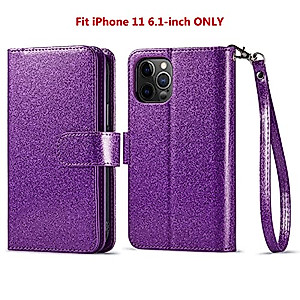 Varikke iPhone 11 Wallet Case for Women - Glitter PU Leather, Card Holders, Magnetic Detachable Phone Case, Kickstand, Strap - Dark Purple