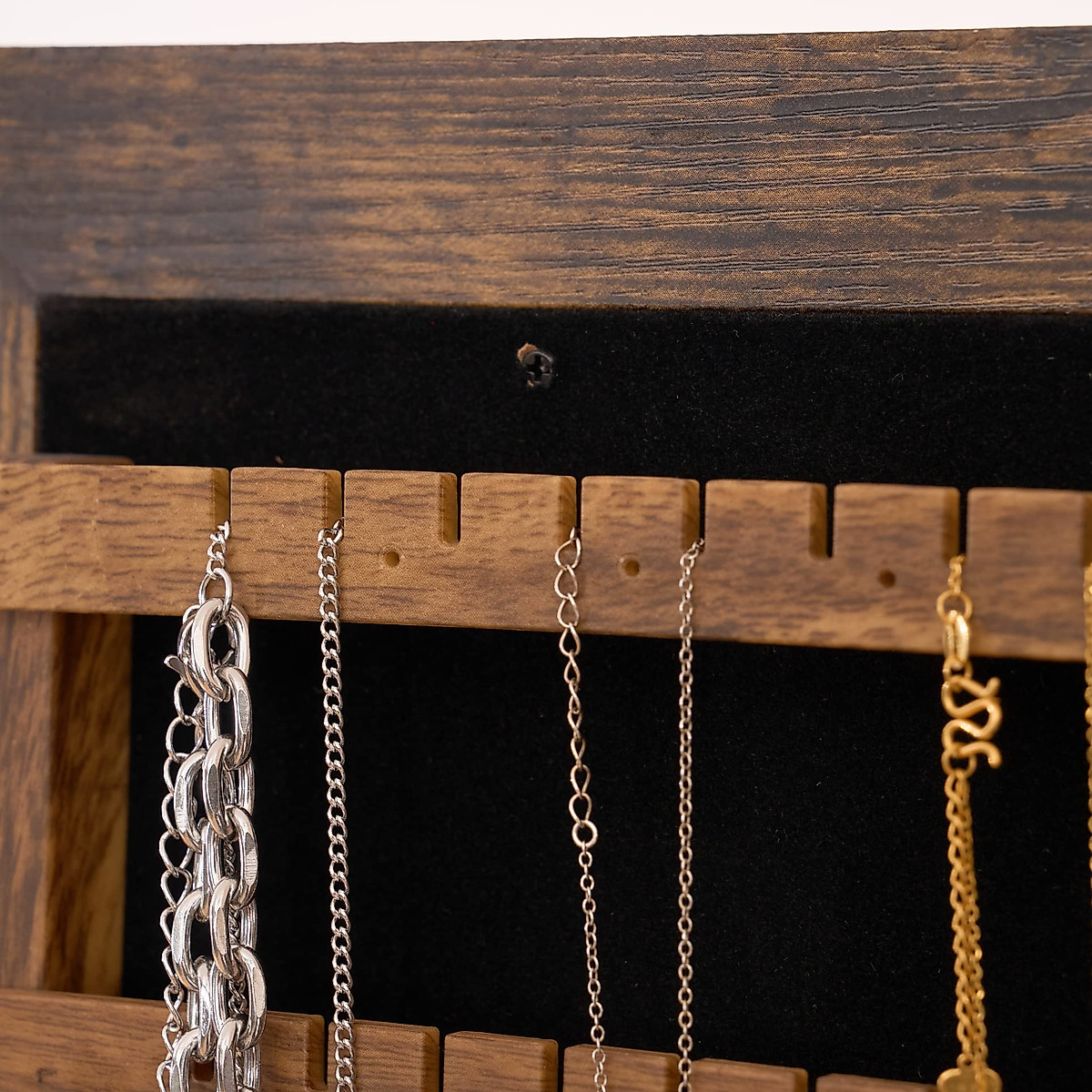 sogesfurniture Lockable Floor Standing Wooden Jewelry Armoire with Full Length Mirror 360°Rotatable Jewelry Organizer Cabinet Lockable with Storage Shelf, Rustic Brown,BHUS-QH-7021C-FG