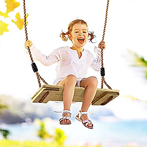 PELLOR Wooden Tree Swing for Kids - Anticorrosive Hanging Swing Seat 17.1 x6.8 x1.1, Adjustable PE Rope Kids Swing for Backyard Patio Garden Playground,220lbs