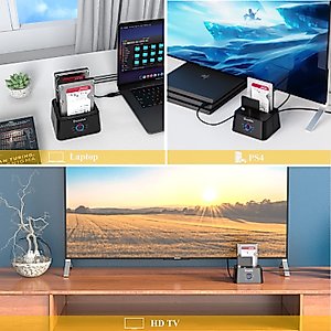 WAVLINK USB 3.0 and USB C to SATA Dual-Bay External Hard Drive Docking Station for 2.5/3.5 Inch HDD/SSD with UASP (6Gbps), Support Offline Clone/Duplicator Function [16TB X2 ]-Black