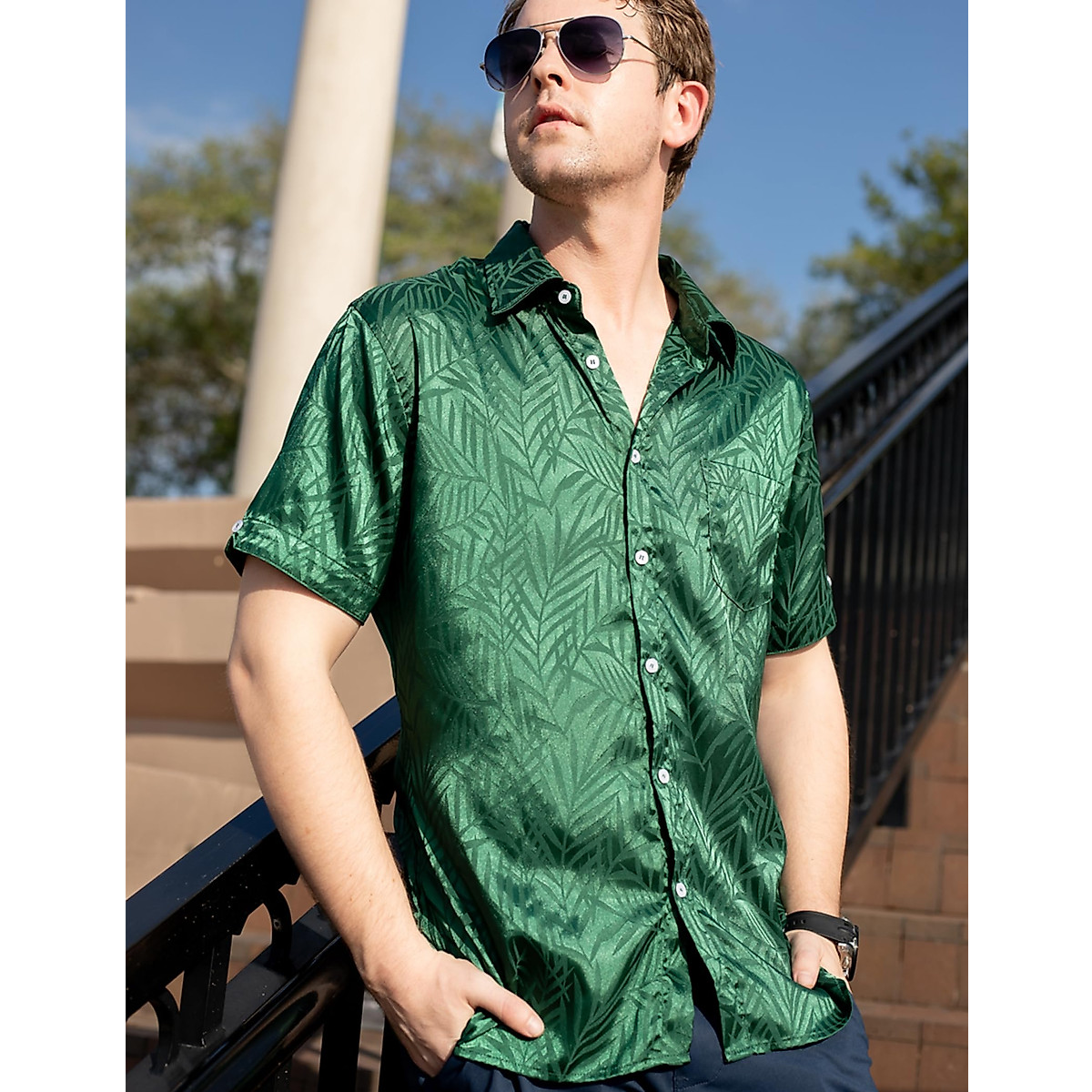 COOFANDY Mens Shirt Summer Beach Dress for Wedding Satin Button Down, 02 Deep Green, XX-Large, Short Sleeve