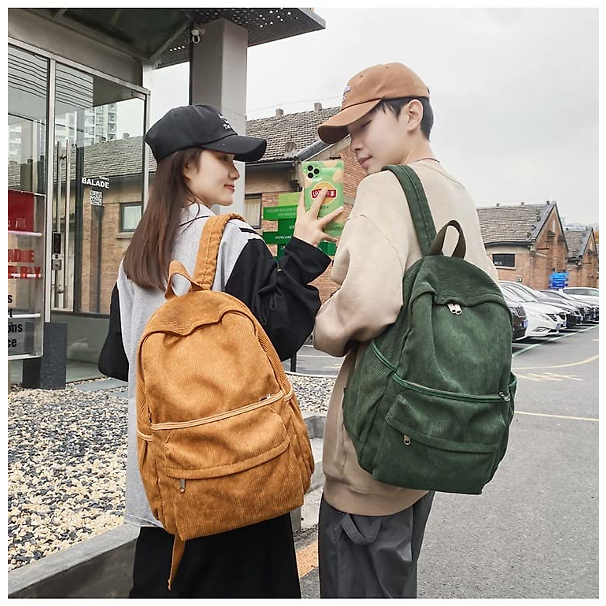 MININAI Preppy Corduroy Backpack Aesthetic Backpack 15.6 inch Laptop College Backpack Cute Book Bag Travel Rucksack Daypack (One Size,Green)