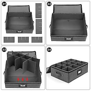 Cup and Mug Storage Box 2Pack, 12 Cells China Storage Containers for Tea Cups and Coffee Mugs with Zipper Lid and Rivet Reinforced Handles, Hard Shell and Stackable (Black)