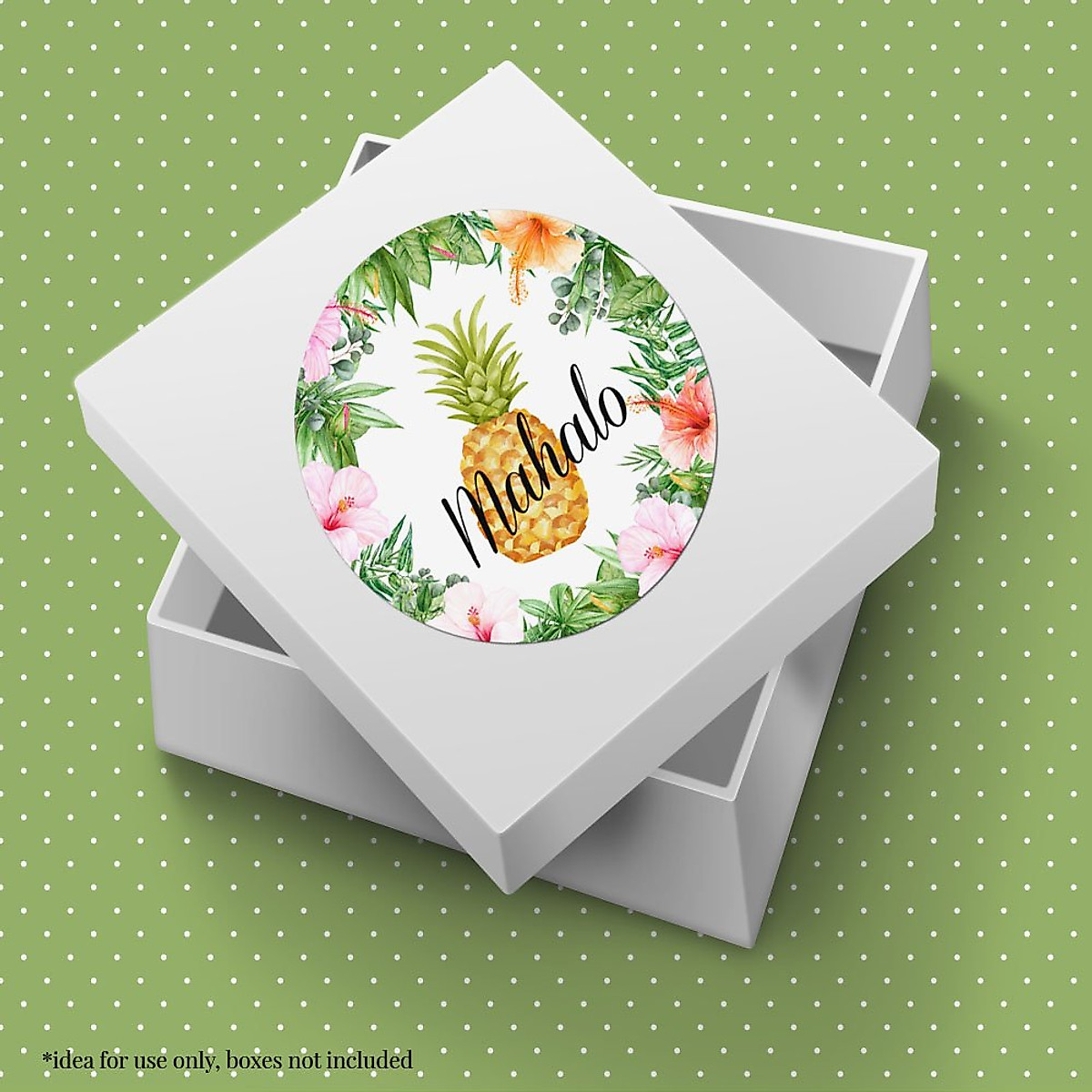 Watercolor Pineapple Mahalo Thank You Sticker Labels, 40 2" Party Circle Stickers by AmandaCreation, Great for Party Favors, Envelope Seals & Goodie Bags