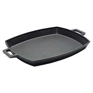Bayou Classic 7455 Cast Iron Shallow Pan and Press Set Includes 14-in x 12-in Cast Iron Pan and Cast Iron Bacon Press w/Wooden Handle Perfect For Hamburgers Grilled Cheese Sandwiches and Bacon