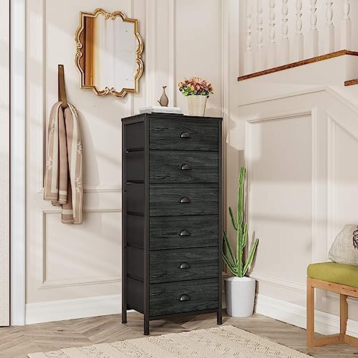 Furnulem Dresser for Bedroom with 6 Drawers, Tall Chest of Drawers, Black Storage Organizer Tower for Office, Entryway, Living Room with Wooden Top(Black Oak)