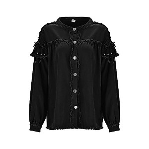 Gerichy Denim Shirt Women Trendy, Denim Shirts for Women Plus Size, Fall Outfits for Women 2023 Trendy, Women's Oversized Denim Jacket Ruffle Sleeve Trendy Denim Shirt Fashion Blouses