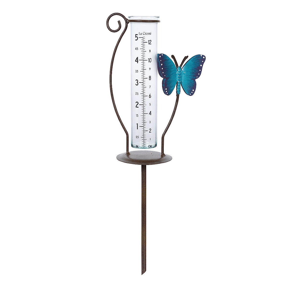 La Crosse 704-4645B Blue 5 inch Capacity Glass Butterfly Rain Gauge with Ground Rod