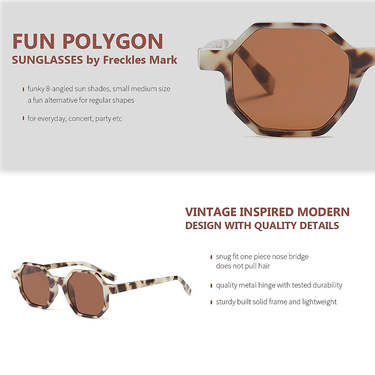 Freckles Mark Retro Hexagon Sunglasses for Men Women Vintage Small Square Glasses (Brown/Tortoise)