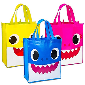 screen legends Baby Shark Tote Bag Bundle - 3 Baby Shark Reusable Grocery Bags, Travel Totes for Kids Party Supplies, Party Favors Plus Stickers, More | Baby Shark Reusable Tote Bag