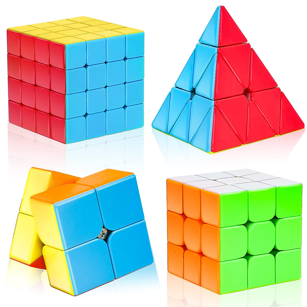 AuntyFey Magic Cube Set, 4 Pack with 3x3, 2x2, 4x4, Pyramid Speed Cubes, Stickerless, for Kids & Adults