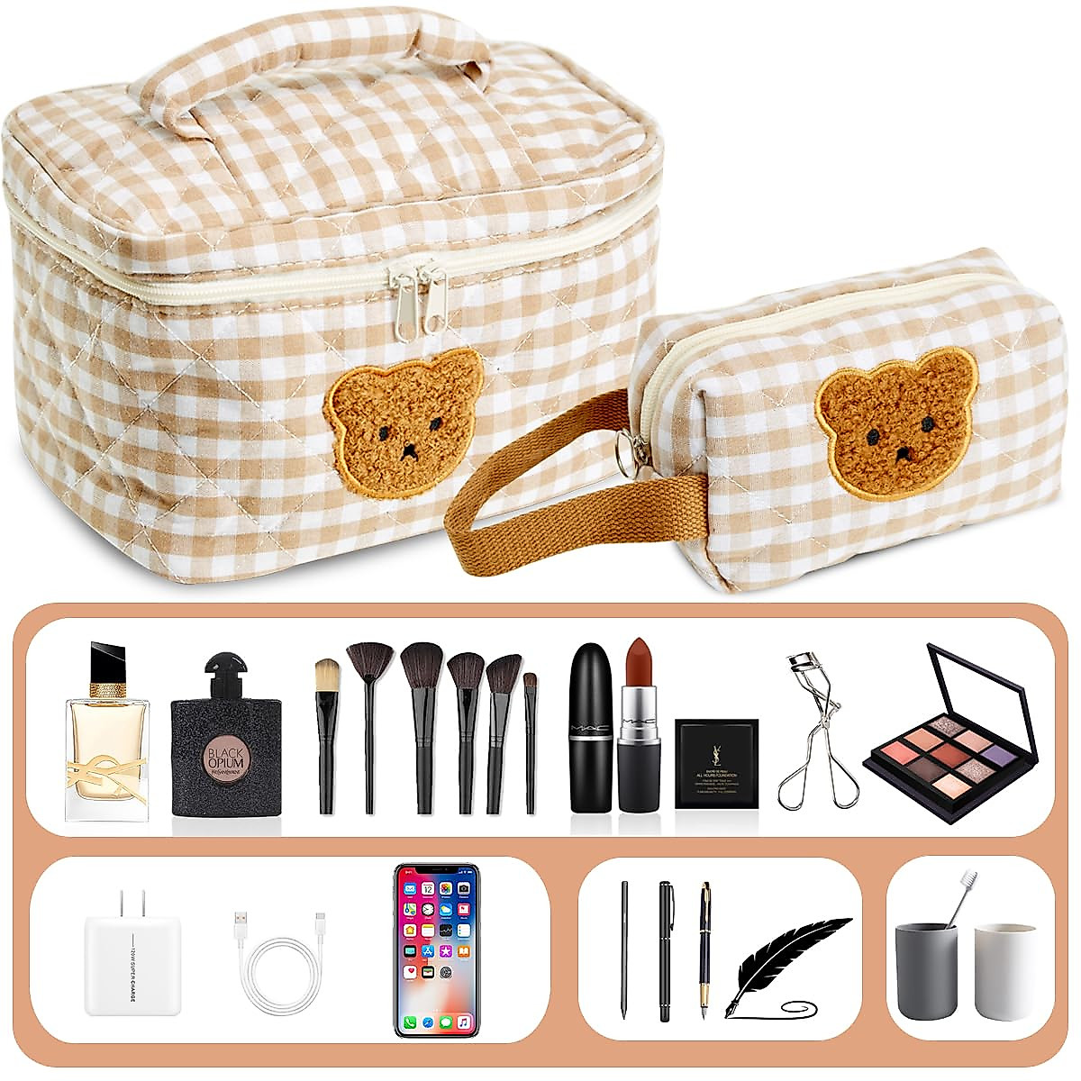 AIPJOY Kawaii Cotton Checkered Makeup Bag,Large Quilted Coquette Travel Cosmetic Bag,Cute Aesthetic Pouch Purse Toiletry Bag For Women（2pcs）
