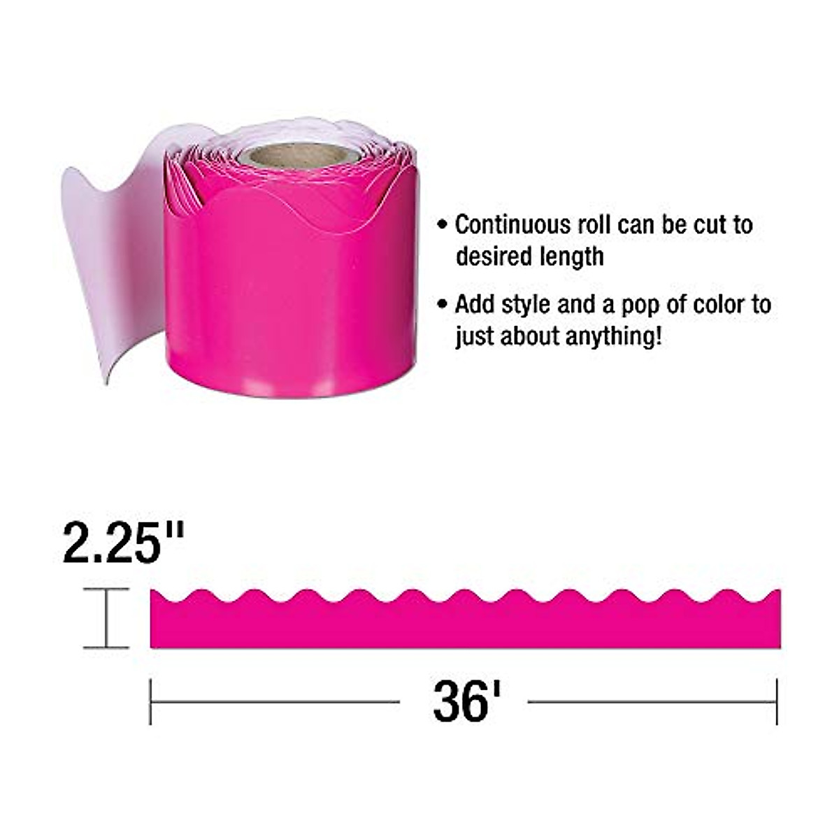 Carson Dellosa 36 Ft Scalloped Hot Pink Bulletin Board Borders, Classroom Borders for Bulletin Board, White Board, Cork Board, Locker, and Classroom Décor, Bulletin Board Trim