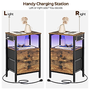 YATINEY Nightstands with Charging Station, Night Stand with LED Lights, Side Table with 2 Non-Woven Drawers, End Table Bedroom, Bedside Tables for Bedroom, Rustic Brown and Black ET12BR
