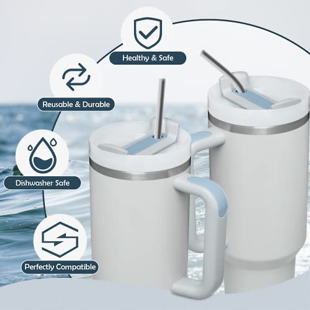 6pcs Metal Replacement Straws for Stanley 40oz Adventure Quencher Tumbler - Stainless Steel Reusable Drinking Straws with Cleaning Brush Compatible with Stanley & Owala 40oz Tumbler with Handle