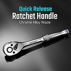 DURATECH 3/8-Inch Drive Ratchet, Quick-Release Ratchet Wrench, 72-Tooth, Reversible Switch, Full-Polished Chrome Plating, Alloy Steel