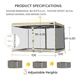 VIVOHOME 10x10ft Easy Pop-Up Canopy, Outdoor Screen Tent with Mesh Mosquito Netting Side Walls for Camping Picnic Party Deck Yard Events, Beige