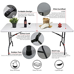 MGHH Folding Table 6ft Plastic Table Camping Table Foldable Adjustable for Picnic,Camping,Kitchen, Party Outdoor Indoor (White)